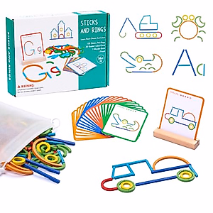 120pcs Wooden Pattern Blocks, Sticks & Rings Wooden Tangram Puzzle Stem Preschool Brain Teaser Montessori Toys Gift for 3 4 5 Years Old Toddler Kids Boy Girl