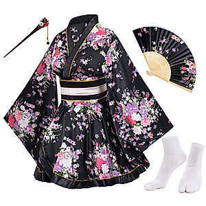 Japanese Anime Women's Dance Kimono Robe Fancy Dress Yukata Silk Folding Fans Tabi Hairstick Socks Set Black Large