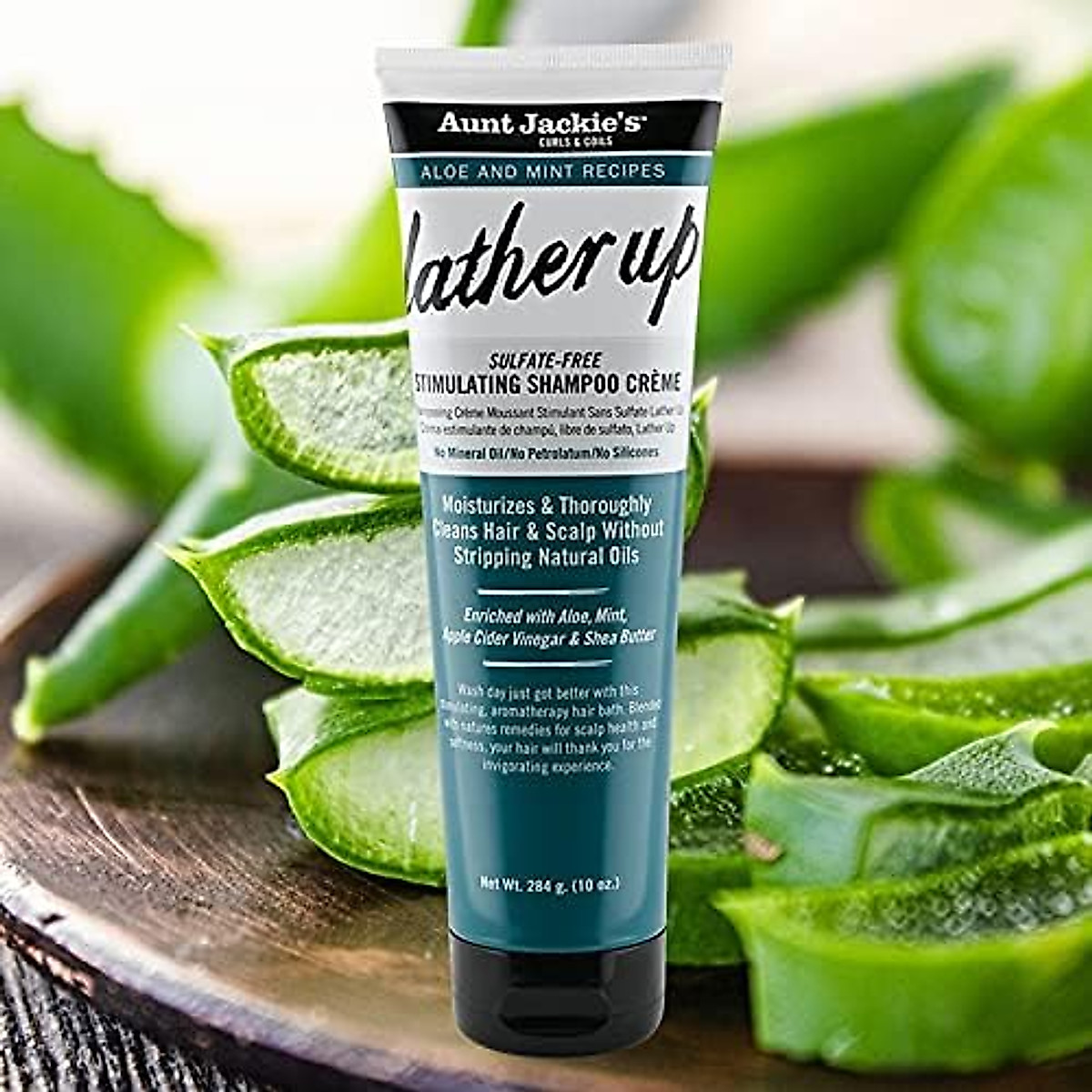 Aunt Jackie's Aloe & Mint Recipes Lather Up Stimulating Hair Moisturizing Shampoo Creme, Sulfate Free for All Hair Types and Textures, Green, 10 Oz