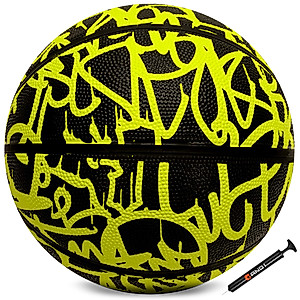 AND1 Fantom Rubber Basketball & Pump (Graffiti Series)- Official Size 7 (29.5”) Streetball, Made for Indoor and Outdoor Basketball Games (Volt)
