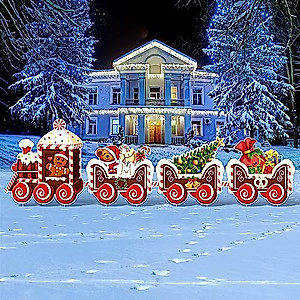 4 Pieces Christmas Decorations Outdoor Yard Train Lawn Sign Gingerbread Santa Snowman Heart Yard Sign with 8 Yard Stakes for Outdoor Christmas Decorations (Warm Style)