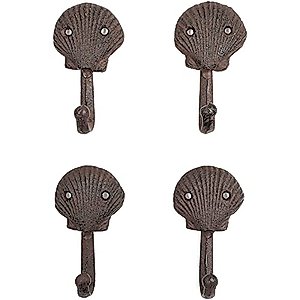 Cast Iron Seashell Wall Hooks for Beach House Decor ( 0.3 x 4 x 2.3 in, 4 Pack)