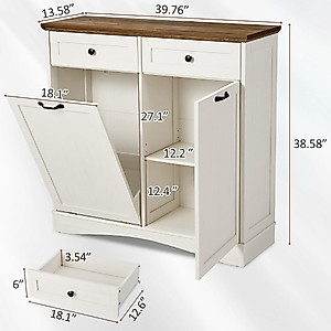 Spurgehom 13 Gallon Tilt Out Trash Cabinet Kitchen Waste Bins, Laundry Hamper Tilt Out Pet Proof Hidden Trash Bin for Kitchen Living Room, Antique White