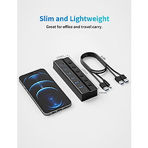 6-Port USB 3.0 Hub, LURMMUE USB Splitter for Laptop with Individual On/Off Switches and Light, 3ft Long Cord, USB Port Hub Extension for PC and Computer