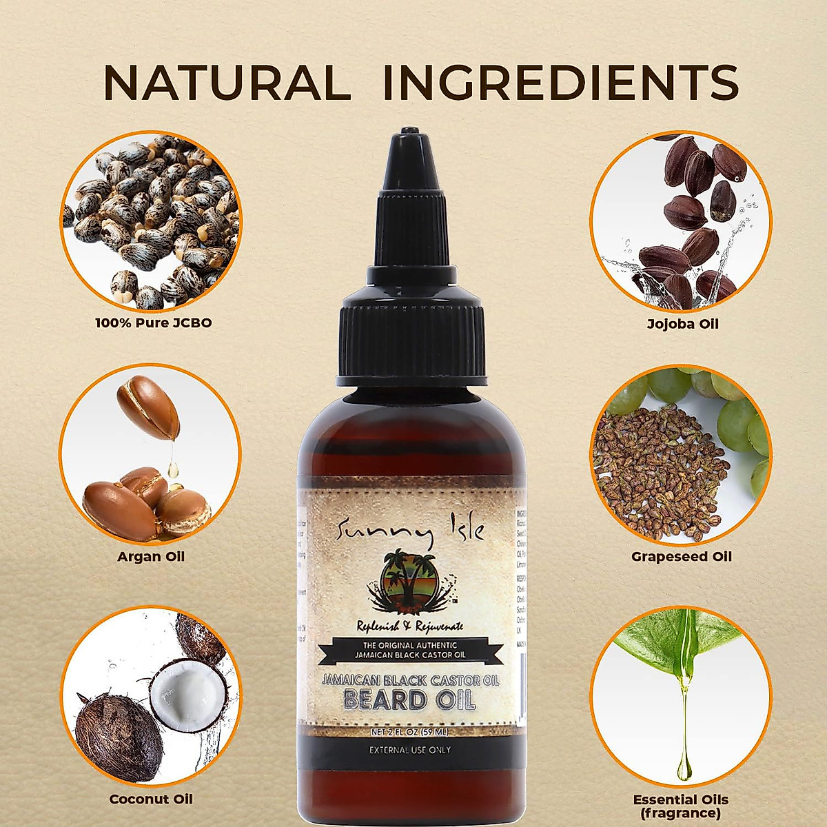 Sunny Isle Jamaican Black Castor Oil Beard Oil 2oz | Conditioning Growth Oil for Thicker Facial Hair | Softens, Strengthens Beards & Mustaches | Hydrates Skin