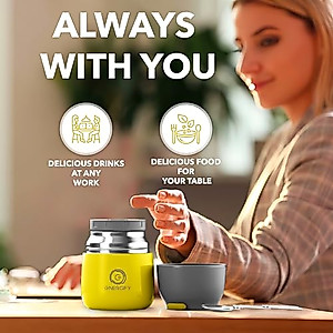 Vacuum Insulated Food Jar Portable 12oz Thermos incl. Folding Spoon, Cup. Hot & Cold Drinks Heated Soup Lunch Container for Kids and Women Premium BPA-Free Stainless Steel Leak Proof Starfruit Yellow