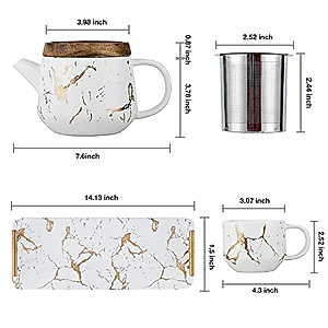 Taimei Teatime White Porcelain Tea Set, 25oz Teapot Set with Infuser, 4 Tea Cups and Porcelain Tray, Luxury Tea Set for Adults with Modern Marble Design, Tea Gift Set for Tea Lovers, Woman and Men