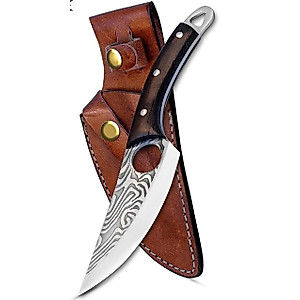 I.N Premium Chef knife 5 inch Handmade Japanese High Carbon Stainless Steel Kitchen Knife with Leather Sheath Full Tang Blade Ergonomic Wenge Wooden Handle for Camping,BBQ