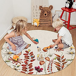 Large Round Area Rug for Living Room Bedroom, 4ft Non-Slip Rugs for Kids Room, Thanksgiving Fall Farmhouse Wild Flowers Retro Linen Washable Carpet Floor Mat for Home Nursery Room Decor