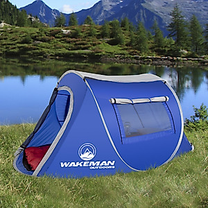 2 Person Pop Up Tent with Dual-Layer Door and Carry Bag - Water-Resistant Tent for Camping, Hiking, or Beach Use by Wakeman Outdoors (Blue)