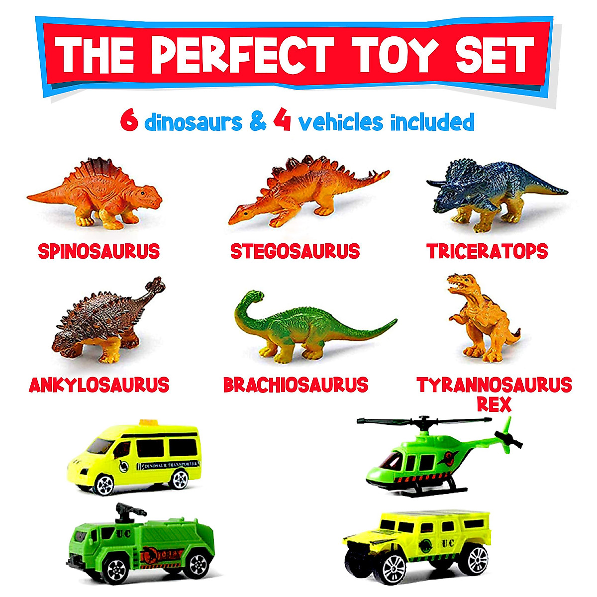 Think N Thrill Dinosaur Toys Storage Carrier for Kids Includes 6 Mini Dinosaurs 3 Toy Cars & Helicopter - #1 Best Fun Playset for Boys & Girls - Great for Children Ages 3+ Years Old (Dinosaur)