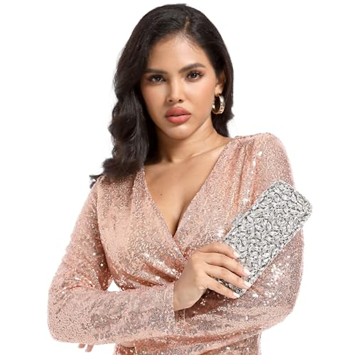 Boutique De FGG Women Silver Crystal Clutch Bag Minaudiere Box Handbag Party Prom Rhinestone Clutch Purse Wedding Bag, Small