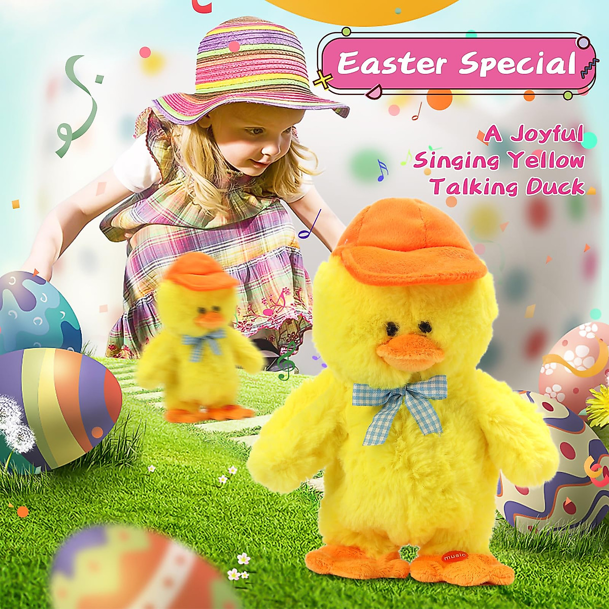 LUKETURE Easter Duck Toys for 1-3 Toddlers – Talking Toy That Repeats What You Say, Dancing Walking Baby Crawling Yellow Duck Singing 30 Songs, for 1 Year Old Girl Birthday
