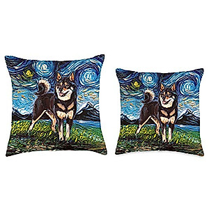Sagittarius Gallery Black and Tan Shiba Inu Starry Night Cute Dog Art by Aja Throw Pillow, 16x16, Multicolor