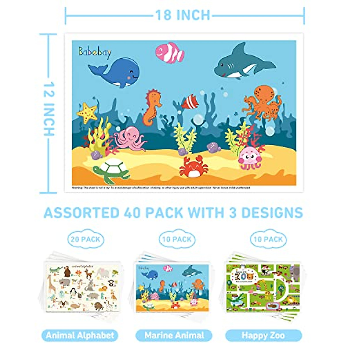 Disposable Placemats for Baby - Kids Placemat That Stick on Dining Table at Restaurant, Travel Essentials for Toddlers Table Mat - Assorted 40 Pack with 3 Designs