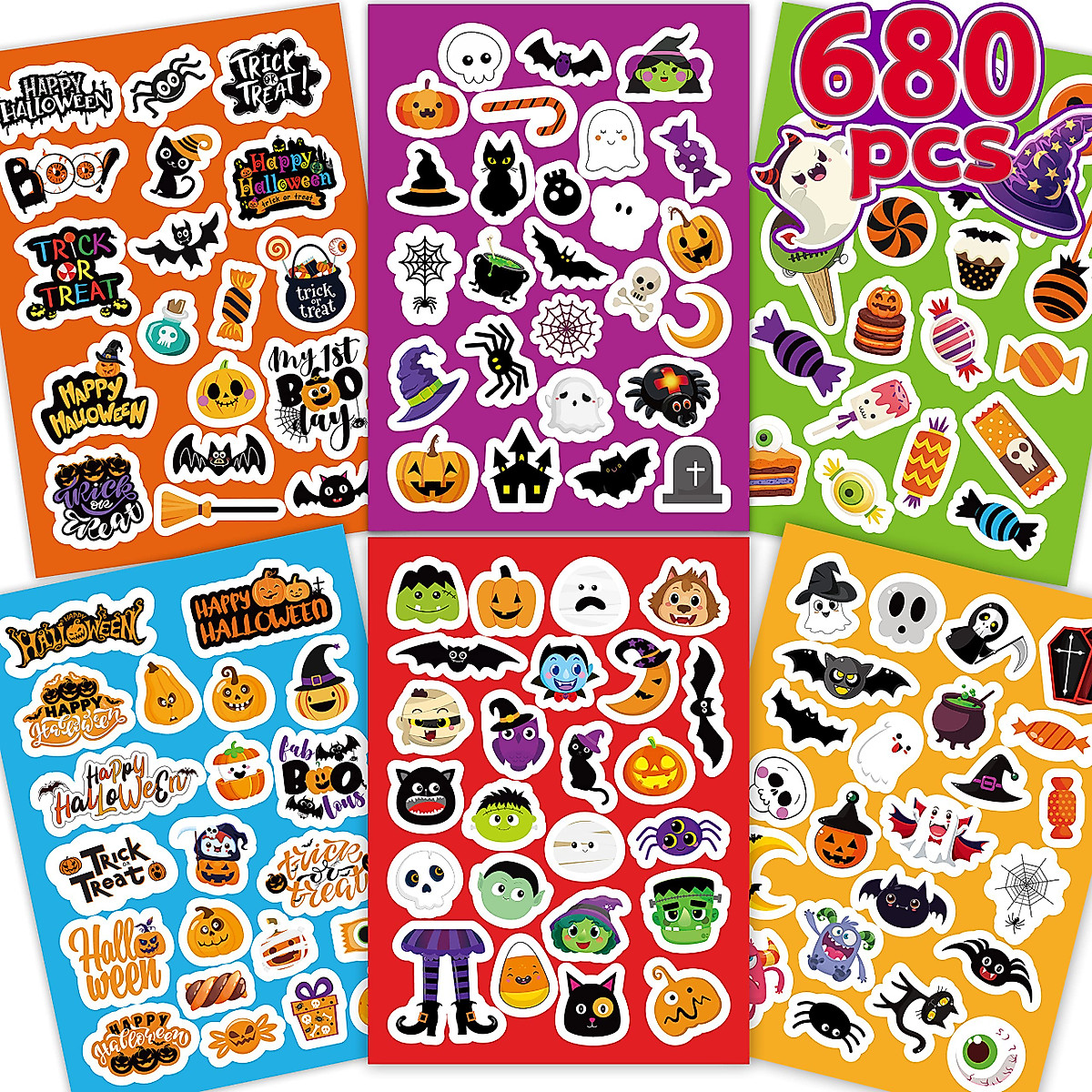 Halloween Stickers for Kids Adults 24 Sheets Cute Halloween Stickers Bulk Sheets for Treat Bags/Boxes/Gifts/Cards Halloween Adhesive Stickers for Teacher Classroom Halloween Party Favors for Kids