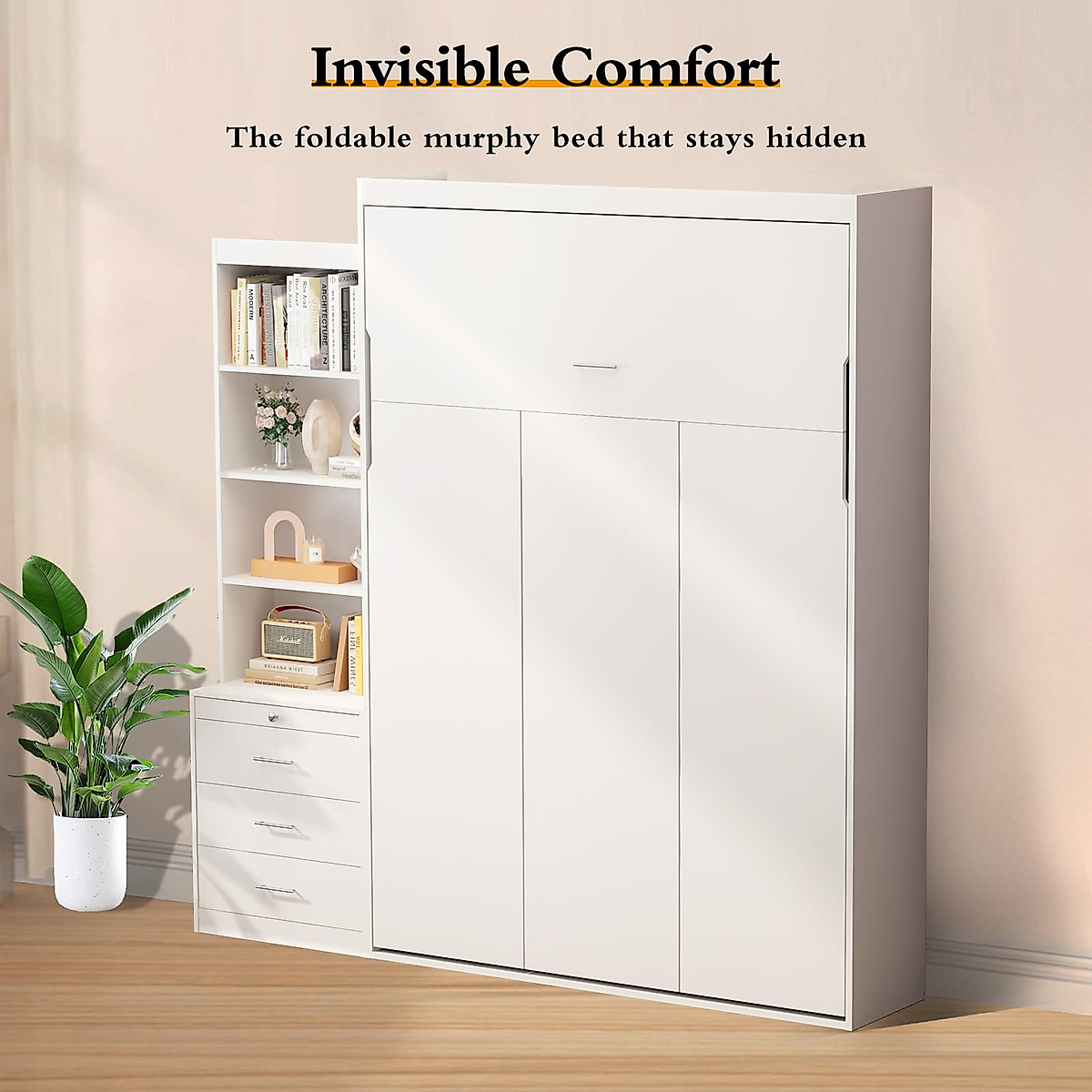 Tatub Murphy Bed Full Size, Murphy Bed Cabinet Bed, Wall Bed with Shelves and Drawers, Murphy Cube, Hide a Bed on a Cabinet, Space Saving, No Box Spring Required