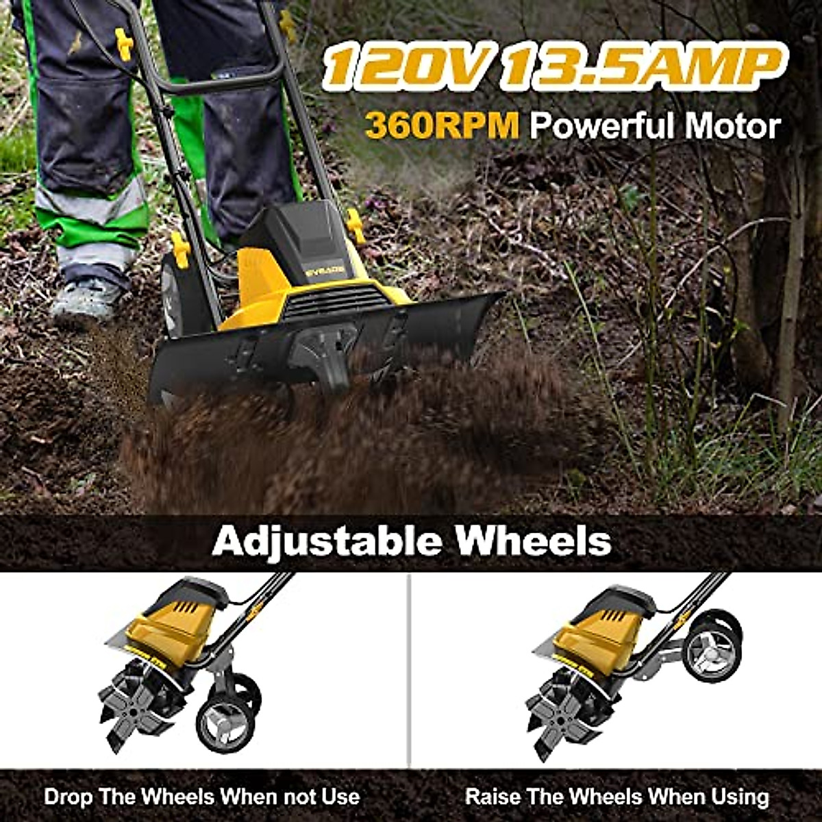 EVEAGE Electric Tiller for Garden, 18 Inch Power Tillers and Cultivators Electric, 13.5AMP Rototiller Cultivator Garden Tool, 4'' - 8'' Tilling Depth Foldable Handle