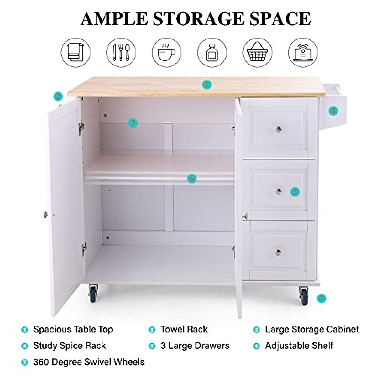 Kitchen Island Cart on Wheels - Portable Kitchen Island with Drop Leaf, Rolling Kitchen Island with Storage
