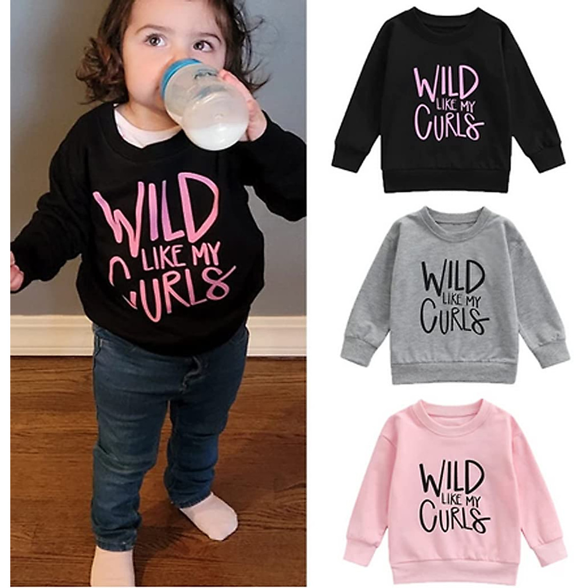 Tiacham Toddler Sweatshirt Baby Girl Fall Clothes Wild Like My Curls Shirt Kids Crewneck Sweaters Winter Top (Pink, 2-3 Years)