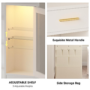 CSZZD Makeup Vanity Desk with Mirror and Lights, White Vanity Desk with Charging Station, LED Cabinet, 5 Drawers & Storage Bag, Vanity Mirror with Lights Desk and Chair, Vanity Table Set with Stool