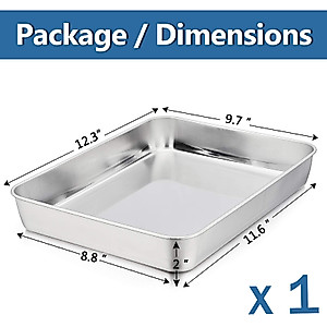 P&P CHEF Baking Sheet Rectangular Cake Pan, Stainless Steel Lasagna Pan for Lasagna Brownie Fish Meats, 9.7-inch by 12.3-inch, Heavy Duty & Easy Clean, Rectangle - Silver