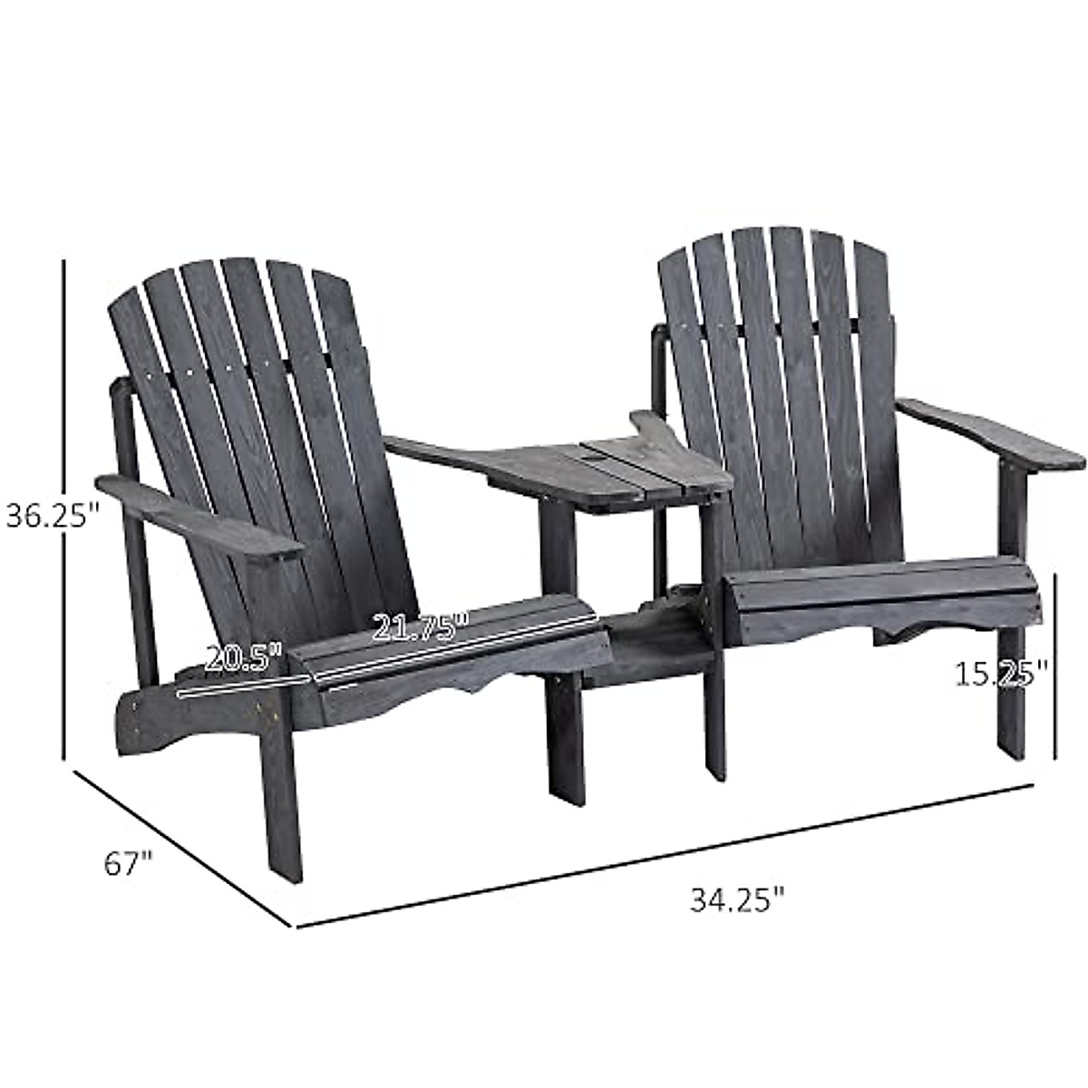 Outsunny Fire Pit Seating, 2 Wooden Adirondack Chairs with Outdoor Table & Umbrella Hole, Wood 2 Person Double Adirondack Bench, Gray
