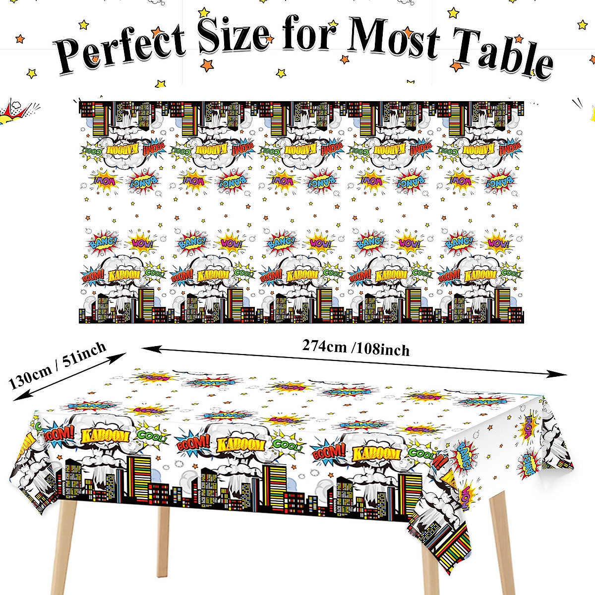 3 Pieces Super Theme Hero Party Tablecloths Hero Themed Birthday Party Supplies Hero Action Sign Plastic Table Cover Fun Hero Tablecover for Happy Birthday Baby Shower Party Decorations