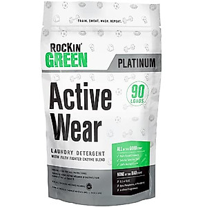 Rockin' Green Active Wear Detergent (90 Loads), Plant based, All Natural Laundry Detergent Powder, Vegan and Biodegradable Odor Fighter, Safe for Sensitive Skin, 45 oz (Unscented)