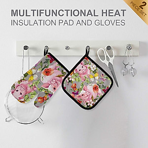 Pot Holders Oven Mitts Sets - Pigs Summer Flowers Butterflies Hot Gloves Hot Pads Non-Slip Potholders for Kitchen Cooking Grilling