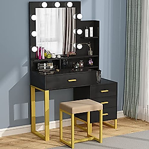 PAKASEPT Vanity Set with Lighted Mirror, Makeup Vanity Dressing Table with LED Light, Drawers, Storage Shelves and Cushioned Stool, Small Vanity Desk for Bedroom (Black, 39.4"Lx15.7"Wx63"H)