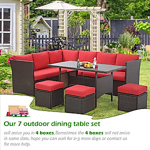 AECOJOY 7 Pieces Patio Furniture Set with Table, Outdoor Patio Furniture, Outdoor Dining Sectional Sofa with Table&Chair, Brown Rattan&Red Cushion