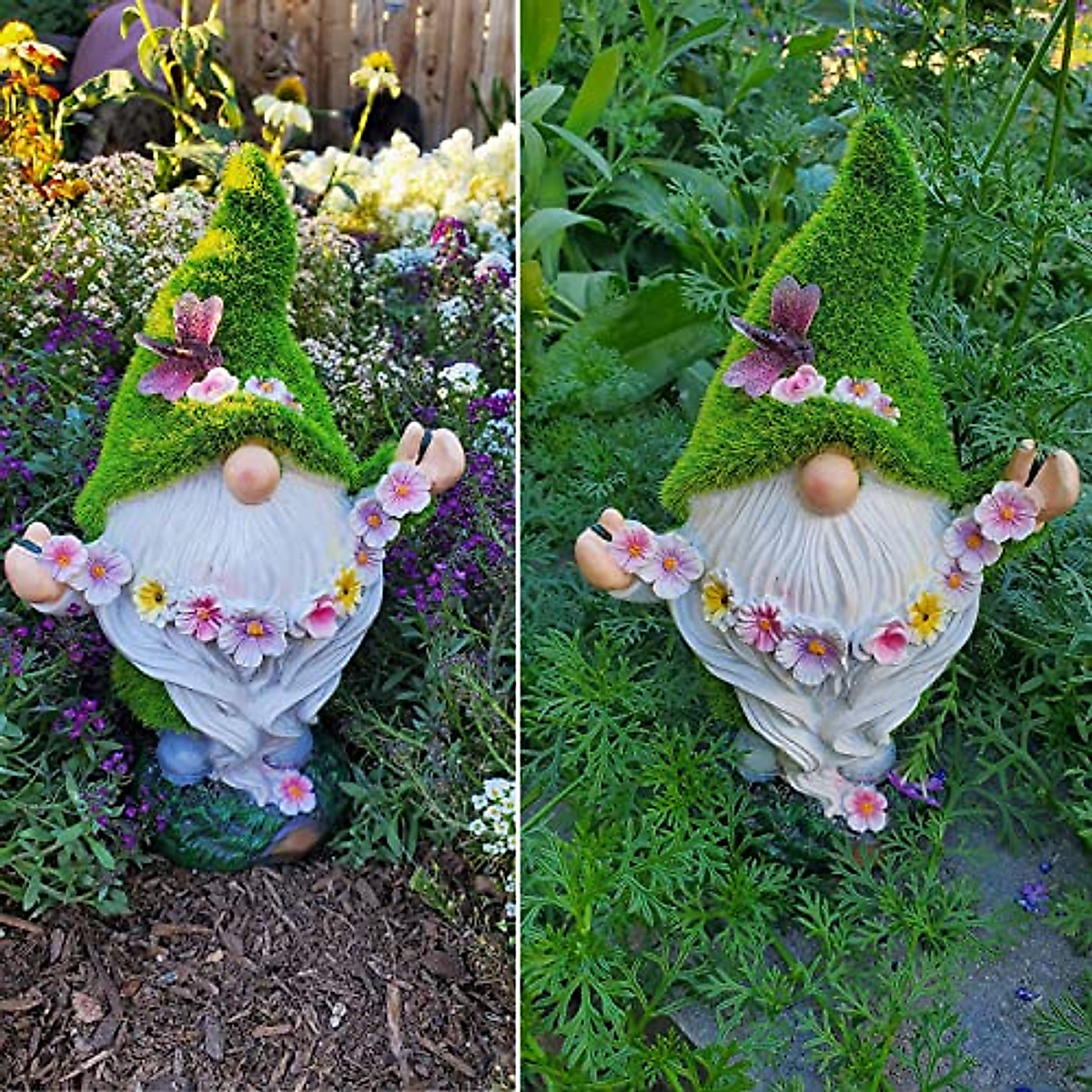 DiliComing Garden Gnomes Decoration for Yard - Outdoor Gnome Statue with Solar Light, Dwarf Sculpture for Outside Patio Porch Lawn Decor, Spring Decorations for Home