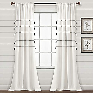 Lush Decor Farmhouse Boho Stripe Woven Tassel Yarn Dyed Cotton Window Curtain Panel Pair, 42" x 84" , Ivory & Black