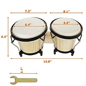 Bongo Drums 2 Set 6" and 7" Drum Set Bongos for Adults, Musical Latin Percussion Instruments Traditional Wood Bongos with Tuning Wrench