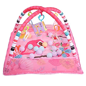 Baby Gym and Infant Play Mat Newborn Crawling Activity Center Soft Early Development Playmats with Safety Net and Ball and Hanging Toys (Pink)