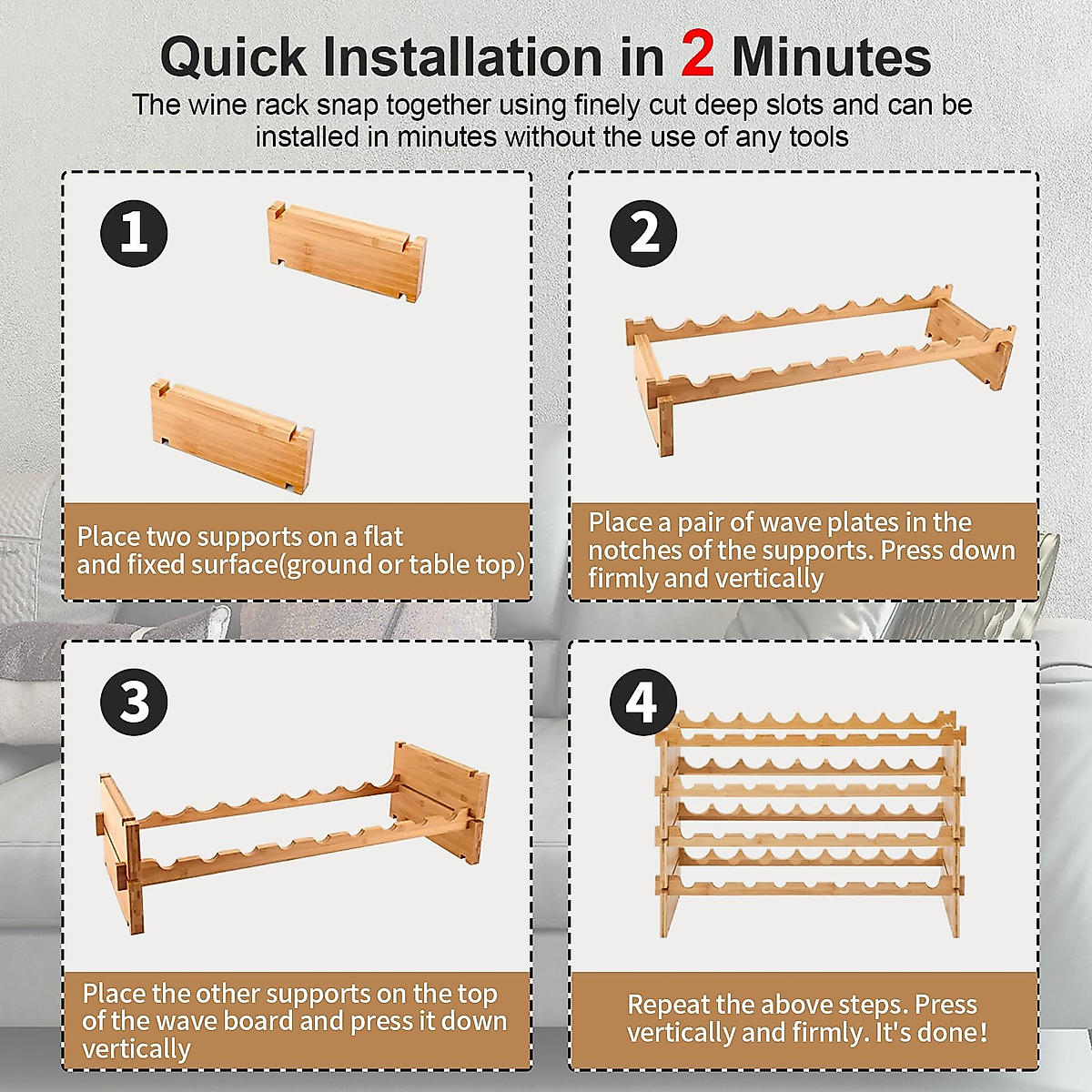 Ekomx Stackable Modular Wine Rack, 36 Bottle Freestanding Storage Bamboo Wine Holder Display Shelves, Sturdy and Durable, Wobble-Free, Perfect for Bar, Wine Cellar, Basement, Cabinet, Pantry(9x4 Rows)