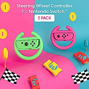 Talkworks Steering Wheel Controller for Nintendo Switch (2 Pack) - Racing Games Accessories Joy Con Controller Grip for Mario Kart, Pink/Neon Combo - Nintendo Switch
