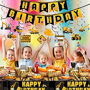 Ctosree 179 Pieces Construction Birthday Party Supplies Dump Truck Party Decorations for Boys Kids Included Banner Tablecloth Hanging Swirls Plates Cups Napkins Forks Spoons Knife Tableware Set for 24