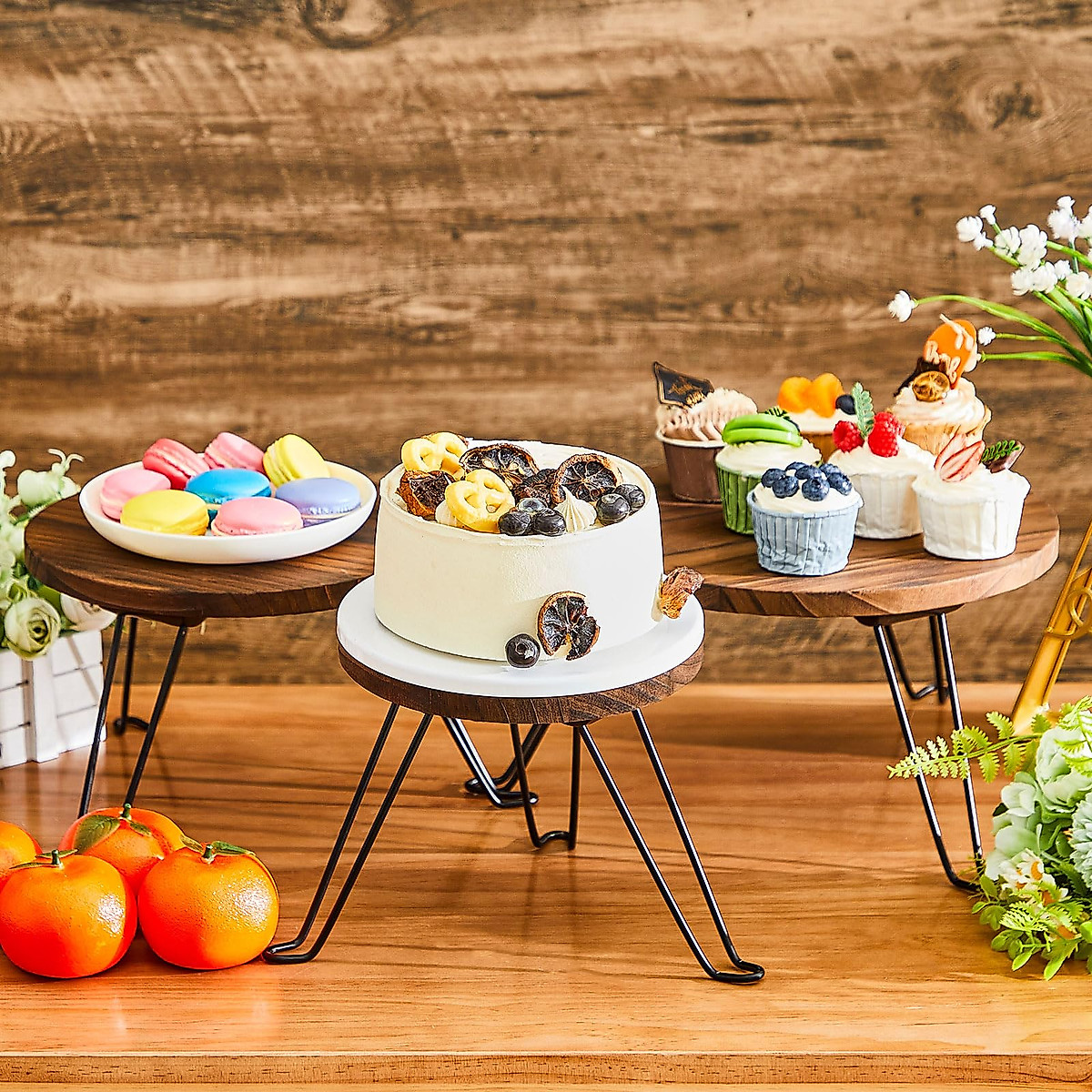 Mifoci 4 Pcs 8"/10''/12'' Wood Cake Stand Rustic Wooden Cake Stand Holder Tray Rustic Wedding Cake Pedestal Stand Cupcake Tray with Metal Leg for Christmas Wedding Birthday Baby Shower