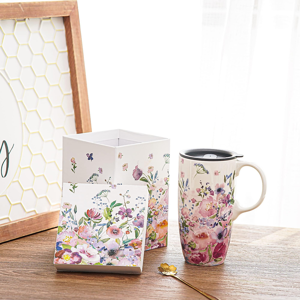 Topadorn Ceramic Coffee Mug Gift for Home & Office, 17oz. Porcelain Latte Travel Cup with Lid and Color Box, Pink Flower Art Tea Mug with Handle, 6.5" H