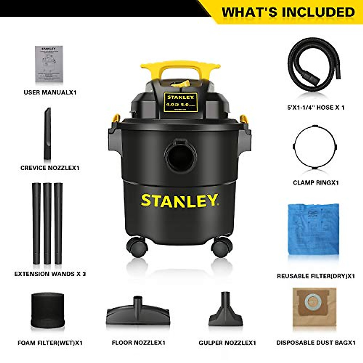 Stanley SL18115P Wet/Dry Vacuum, 5 Gallon, 4 Horsepower, 4.0 HP AC, Black