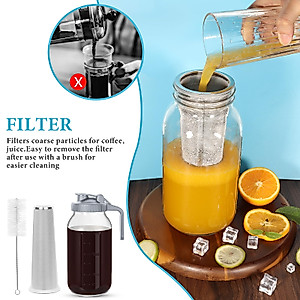 Enrimyee Cold Brew Coffee Maker, Mason Jar Pitcher, Heavy Duty Soda Lime Glass w/Stainless Steel Mesh Filter & Flip Cap Lid for Iced Coffee, Ice Lemonade, Fruit Drinks, Sun Tea - 64 oz