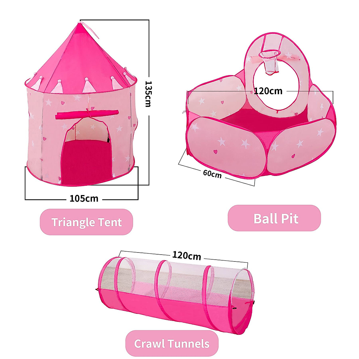 LDTNET 3pc Kids Play Tent for Girls with Ball Pit, Crawl Tunnel, Princess Tents for Toddlers, Baby Space World Playhouse Toys, Boys Indoor& Outdoor Play House, Perfect Kid’s Gifts