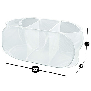 Smart Design Deluxe Mesh Pop Up 3 Compartment Laundry Sorter Hamper Basket - VentilAir Fabric Collapsible Design - for Clothes & Laundry - Home Organization (Holds 6 Loads) (33 x 15 Inch) [White]