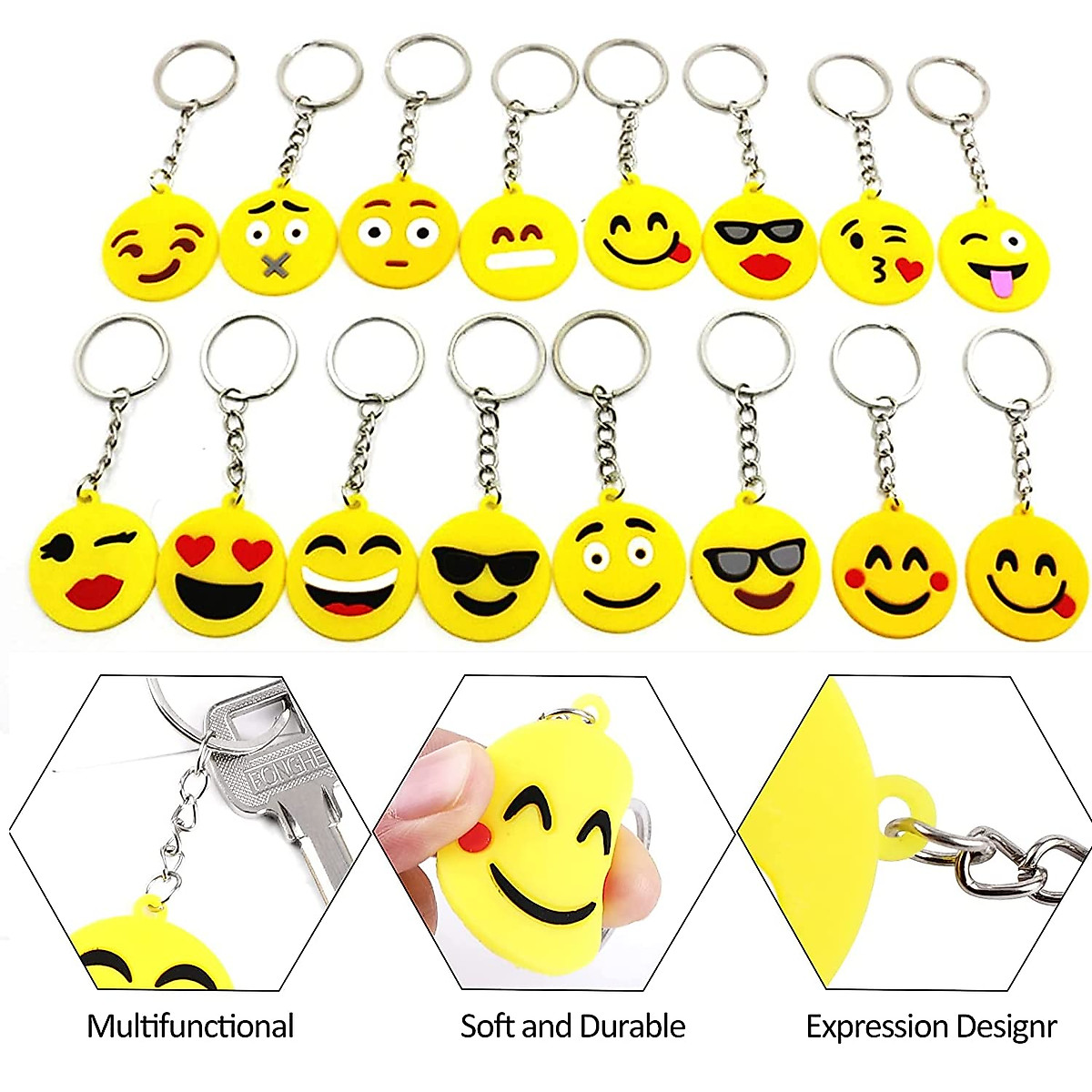 CRSUSUKJ 64 Pack Mini Emoticon Keychain Plush(16 expressions), Cute Keychain, Party Favors for Kids, Keychains, Valentine's Day Gifts/ Birthday Party Supplies, Emoticon Gifts Toys Carnival Prizes.