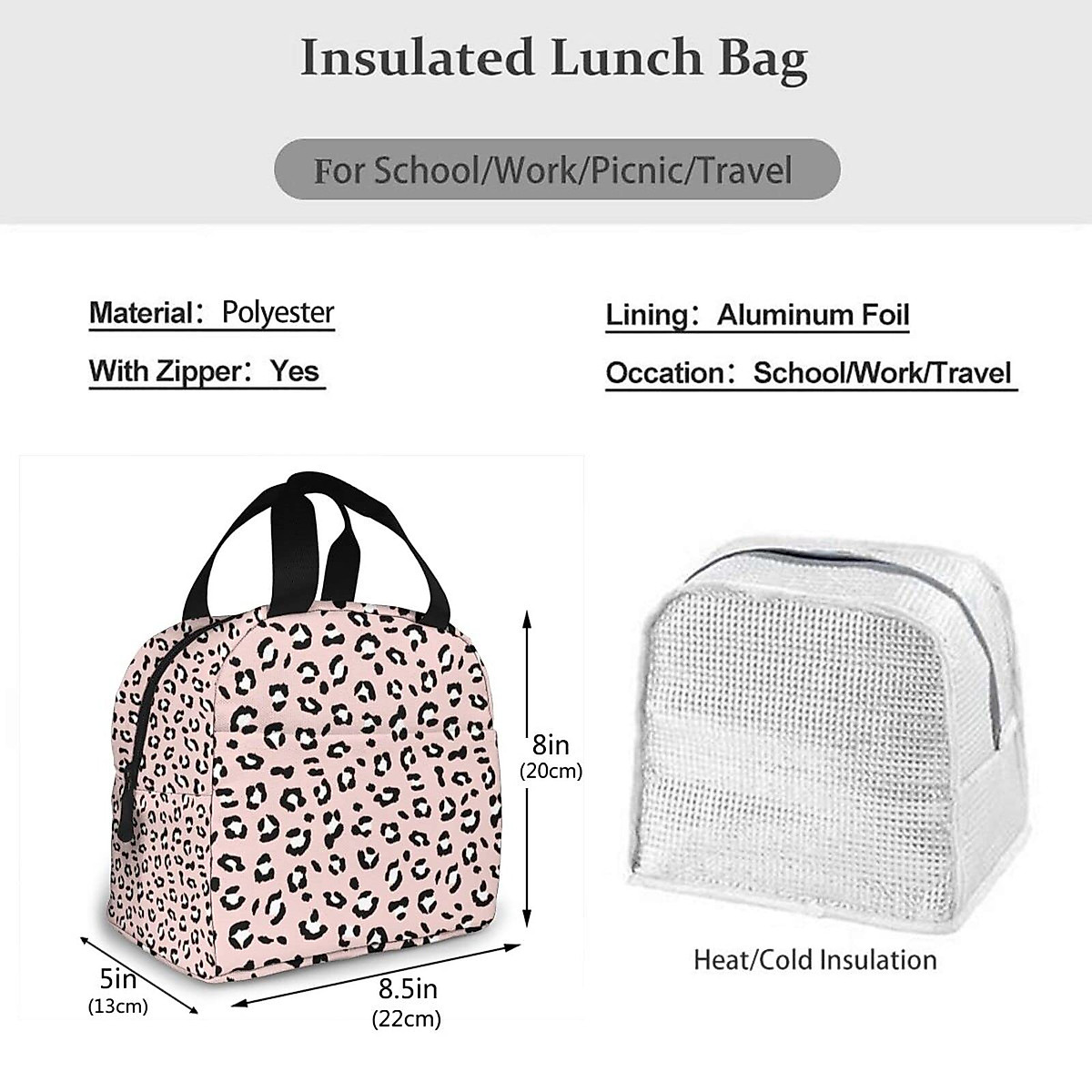 JSHXJBWR Pink Leopard Skin Pattern Portable Lunch Bag For Women Men Pink Insulated Cooler Tote Bag Reusable Lunch Box For Travel/Picnic/Work/Hiking/Office