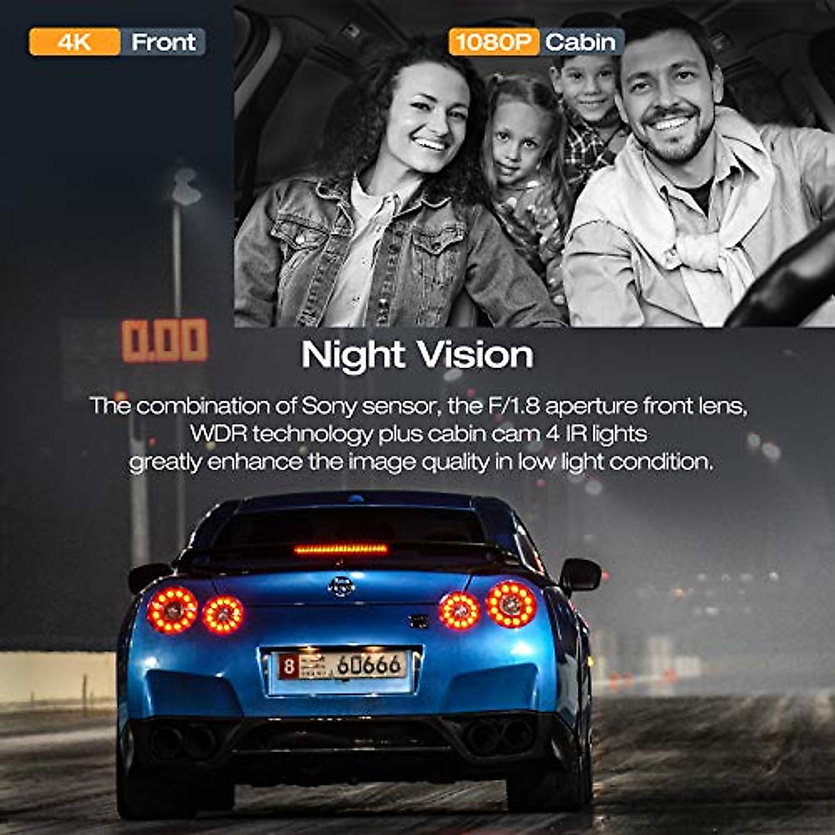 3 Channel 4K Dash Cam Front and Rear Inside with 64GB SD Card, 4K+1080P Dash Camera Front and Inside, Triple Car Camera 2K+1080P+1080P with IR Night Vision, WDR, 170°Wide Angle, Parking Monitor