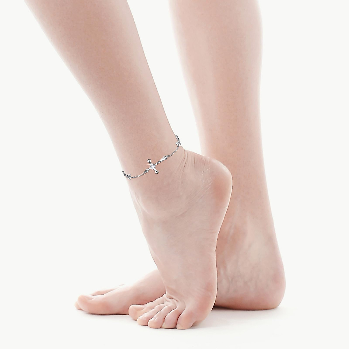 Cross Ankle Bracelet For Women, 925 Sterling Silver Charm Adjustable Foot Anklet, Large Cross Bracelet (One Cubic Zirconia Diamond Cross)