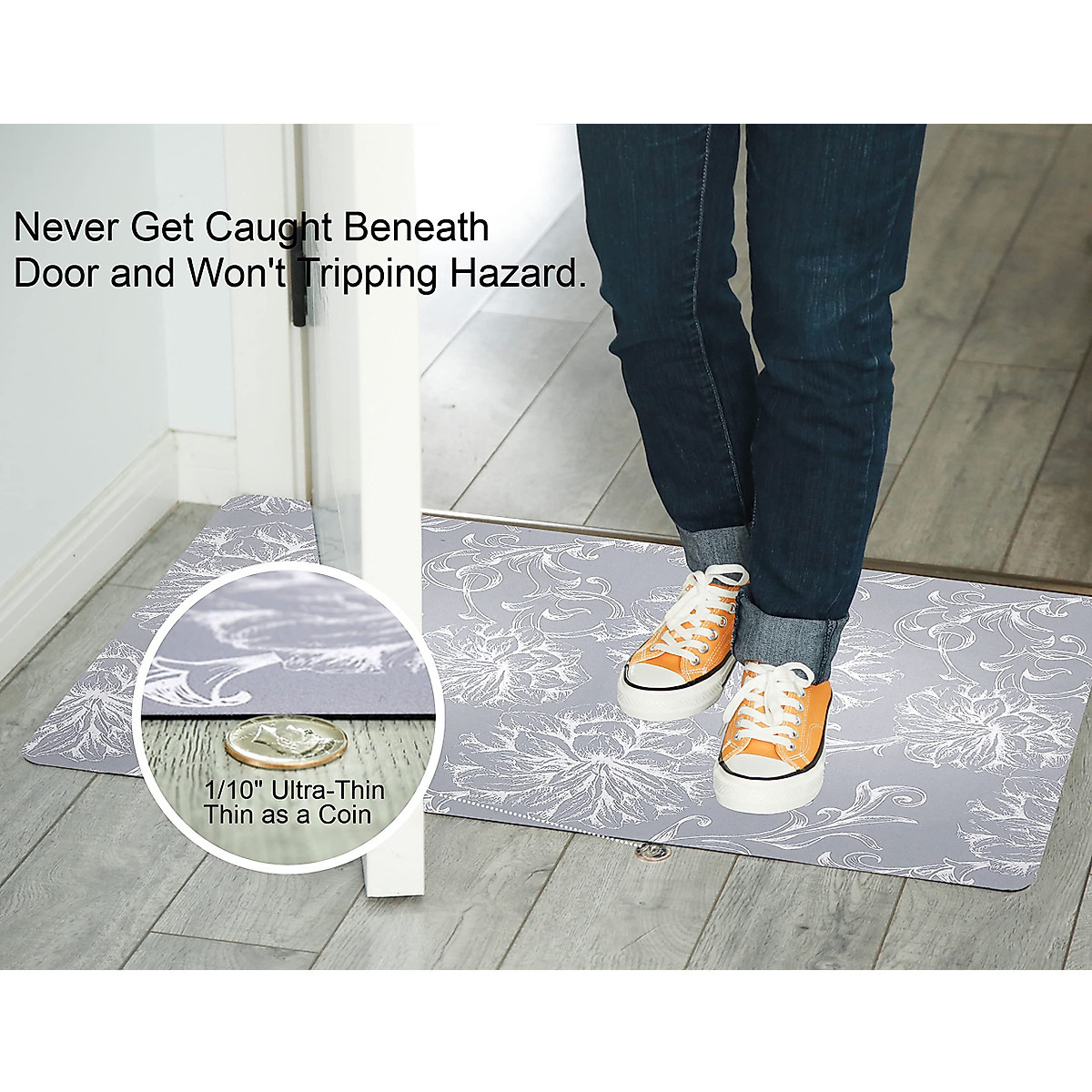 Cosilyt 1/10" Ultra Thin Extra Large 3×5 Feet and 24"×35" Front Door Mat Indoor Entryway Area Rug for Inside Entry, Waterproof Non Slip Washable Rubber Interior Door Mats, Baroque Grey